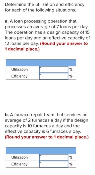 Solved Determine the utilization and efficiency for each of | Chegg.com