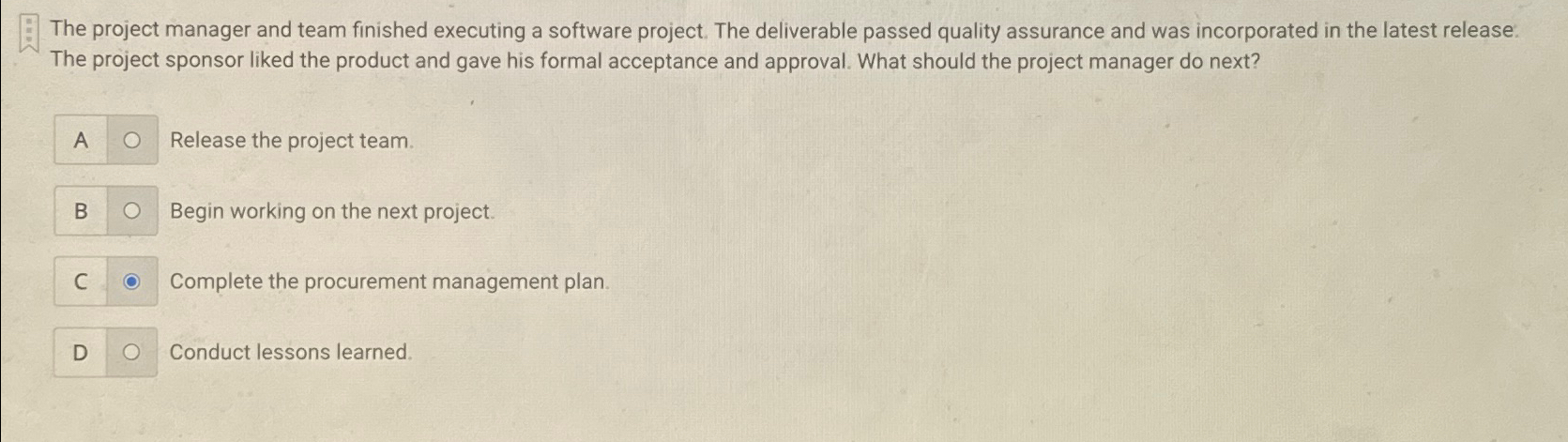 Solved The project manager and team finished executing a | Chegg.com