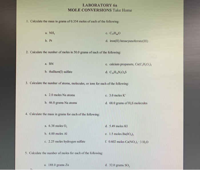 Solved LABORATORY 6a MOLE CONVERSIONS Take Home 1. Calculate | Chegg.com