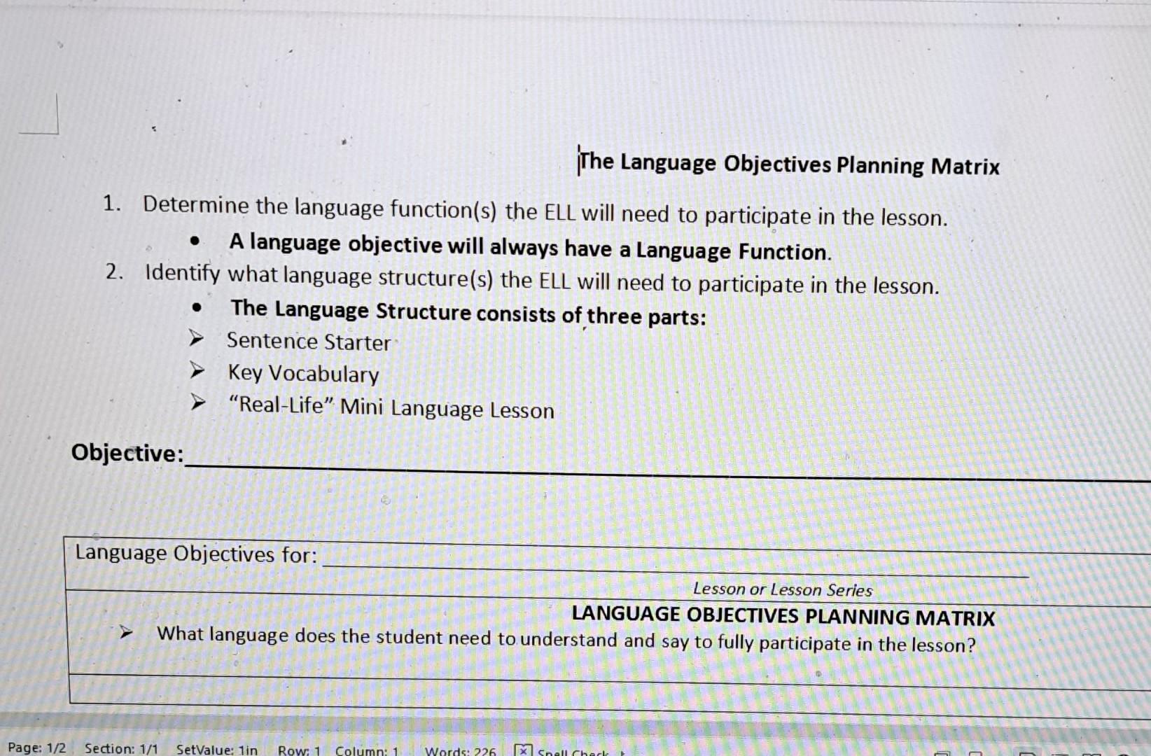 The Language Objectives Planning Matrix 1. Determine | Chegg.com