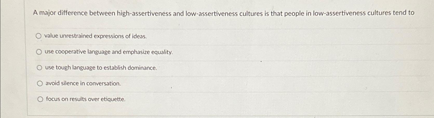 Solved A major difference between high-assertiveness and | Chegg.com