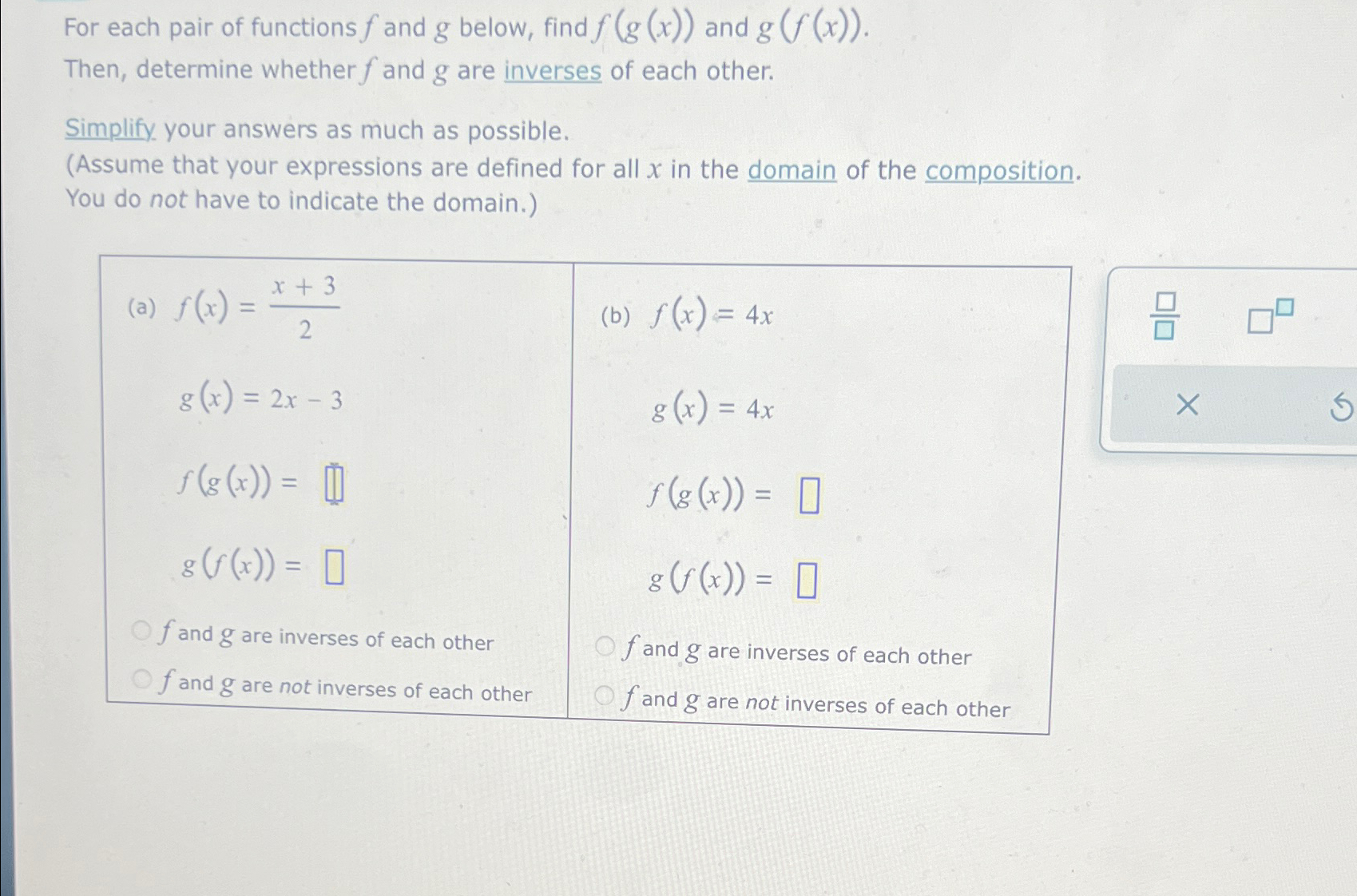 Solved For each pair of functions f ﻿and g ﻿below, find | Chegg.com