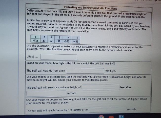 Solved Evaluating and Solving Quadratic Functions Duffer | Chegg.com