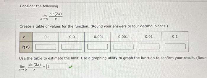 Solved Consider the following. limx→0xsin(2x) Create a table | Chegg.com