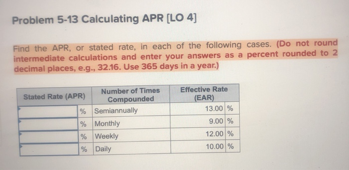 Solved Problem 5-13 Calculating APR (LO 4] Find the APR, or | Chegg.com