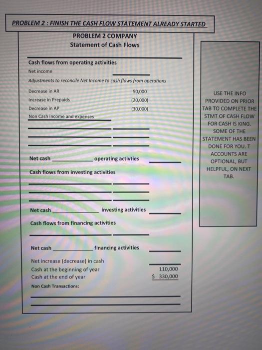 PROBLEM 2: COMPLETE THE PARTIAL COMPLETED CASH FLOW | Chegg.com