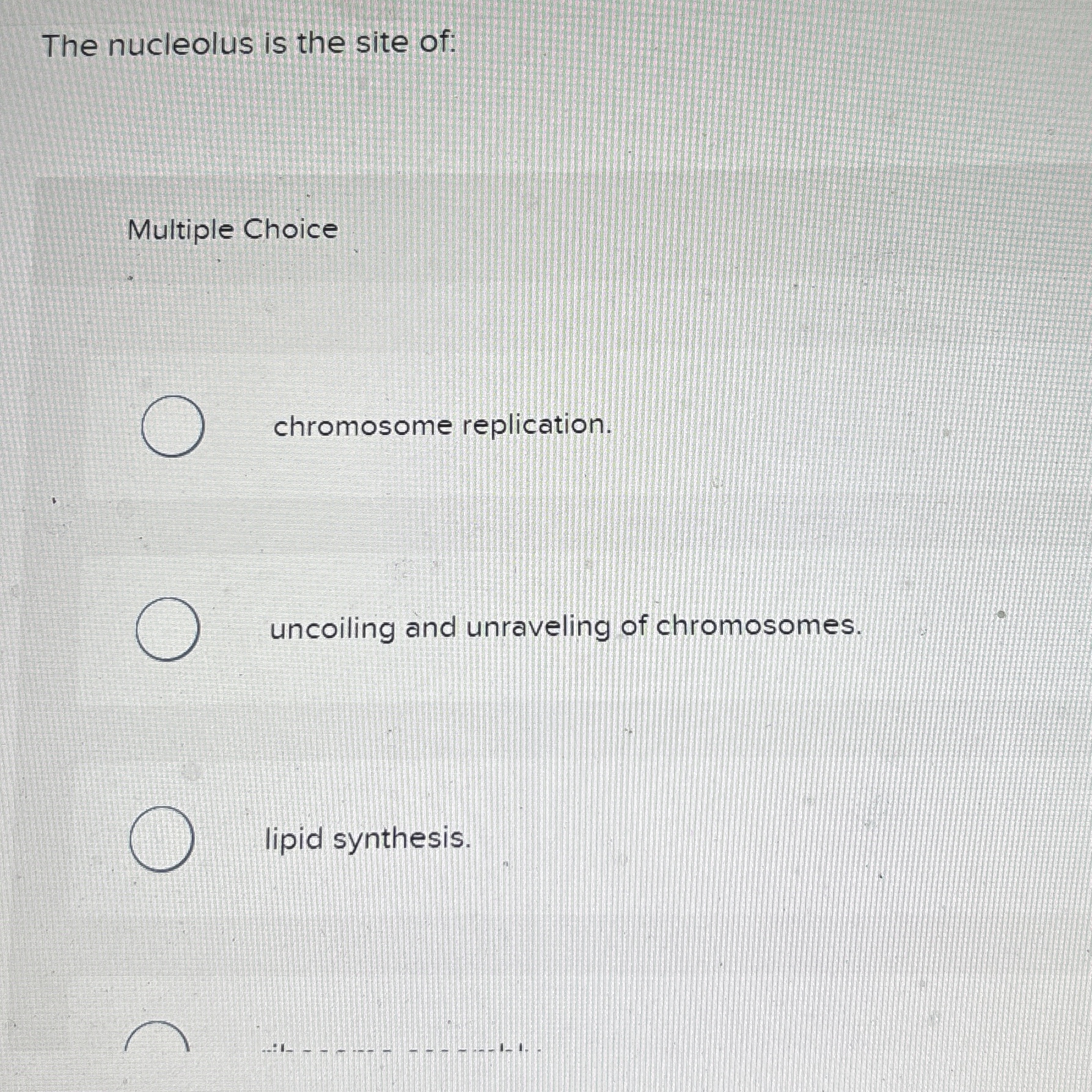 Solved The nucleolus is the site of:Multiple Choice | Chegg.com