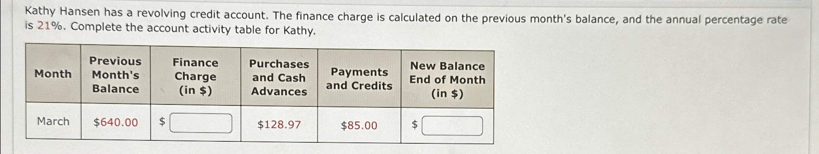 Solved Kathy Hansen has a revolving credit account. The | Chegg.com
