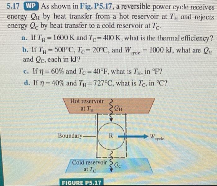 Solved 5.17 As shown in Fig. P5.17, a reversible power cycle | Chegg.com