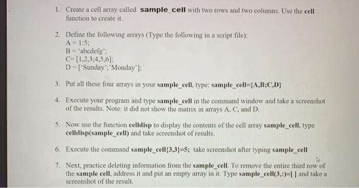 Solved 1 Create A Cell Array Called Sample Cell With Two 