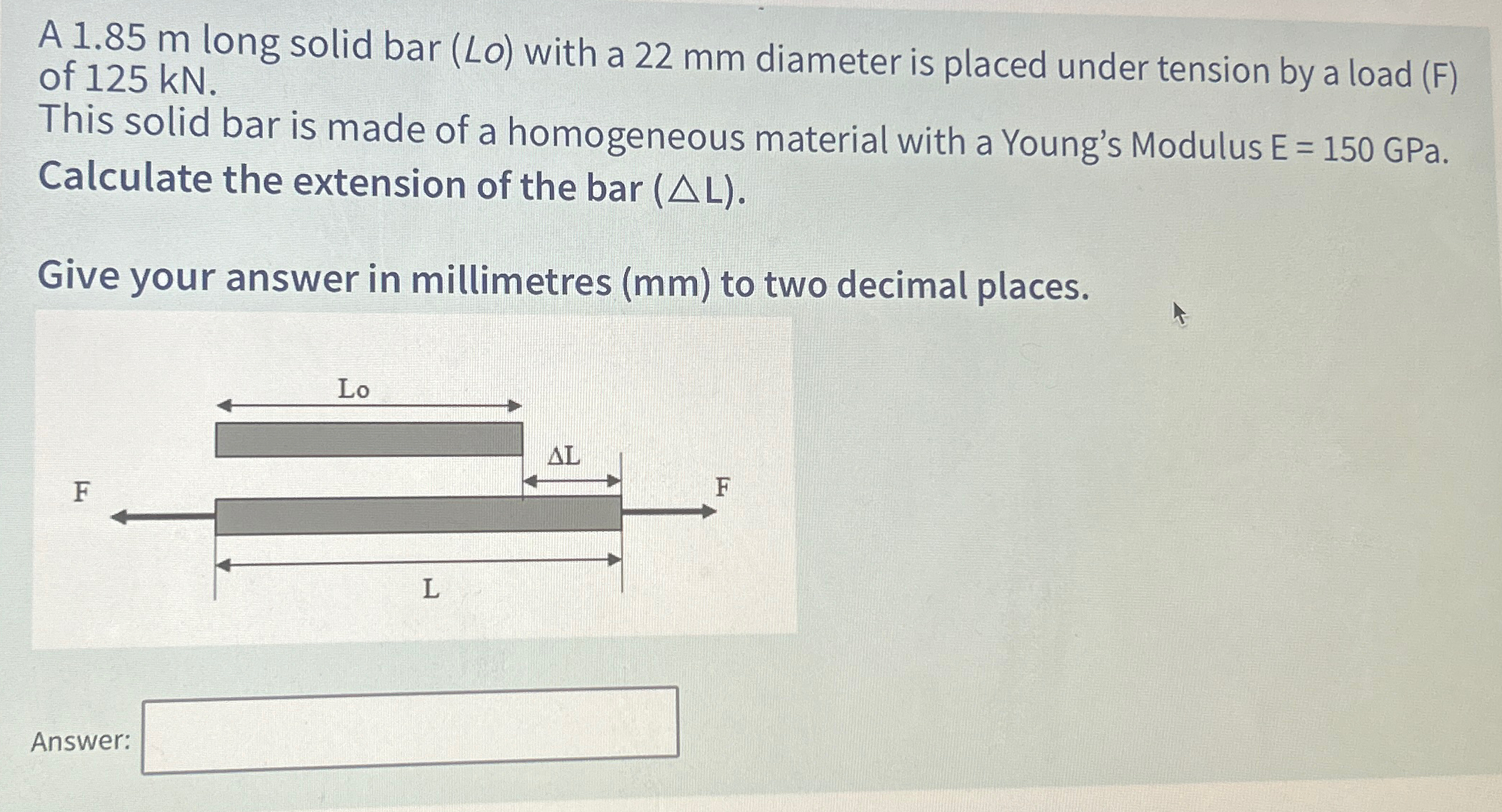 Solved A 1.85m ﻿long solid bar (Lo) ﻿with a 22mm ﻿diameter | Chegg.com