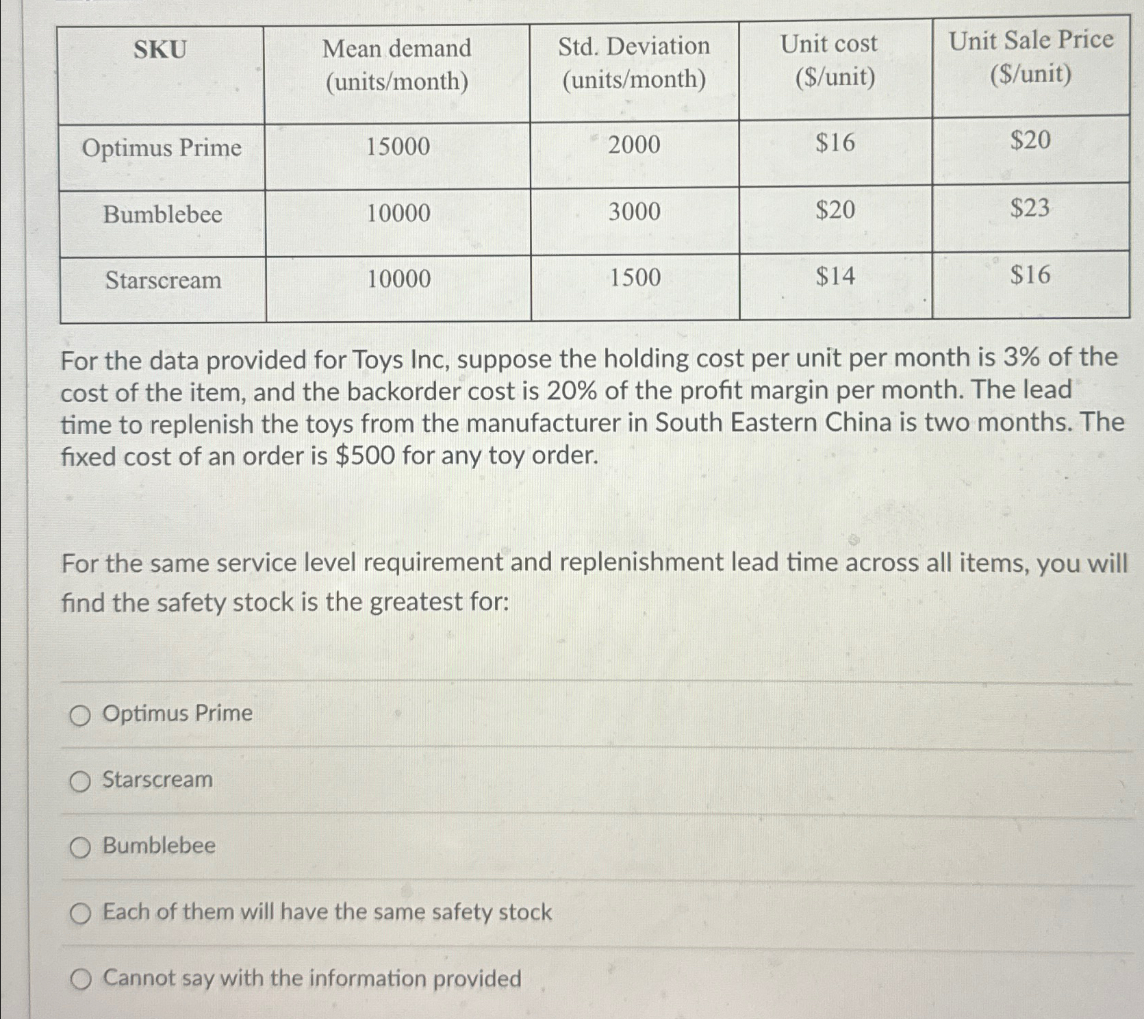 Solved \table[[SKU,\table[[Mean | Chegg.com
