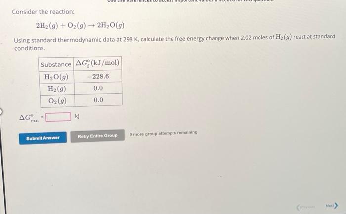 Solved Consider the reaction: 2H2(g)+O2(g)→2H2O(g) Using | Chegg.com