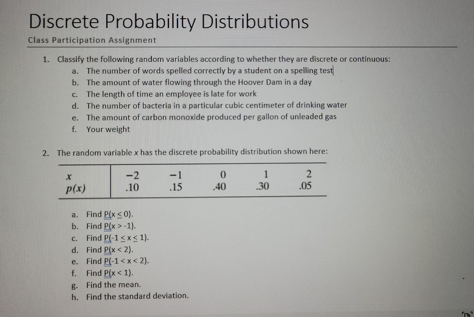 Solved Discrete Probability Distributions Class | Chegg.com