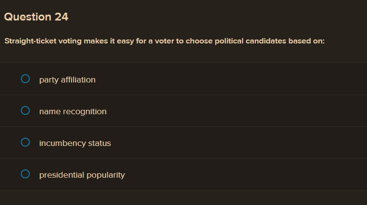 Solved Question 24Straight-ticket voting makes it easy for a | Chegg.com