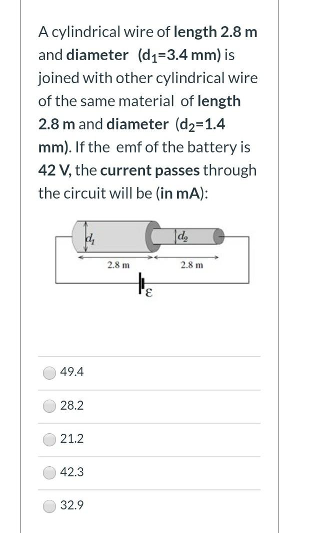 Solved A cylindrical wire of length 2.8 m and diameter | Chegg.com