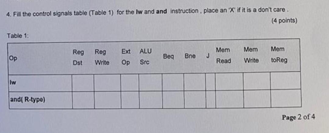 Solved 4. Fill the control signals table (Table 1) for the | Chegg.com