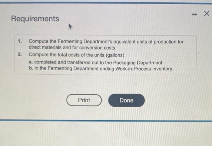 Solved Pequiremonts 1. Compute the Fermenting Department's | Chegg.com