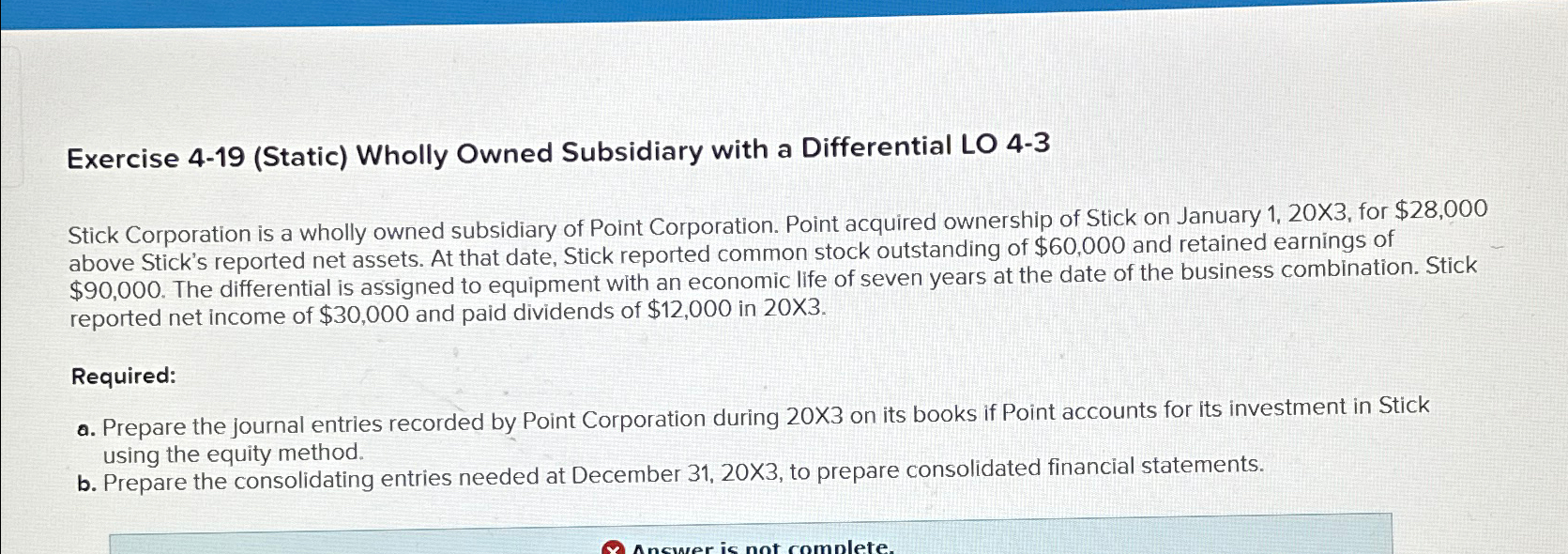 Solved Exercise 4-19 (Static) ﻿Wholly Owned Subsidiary with | Chegg.com