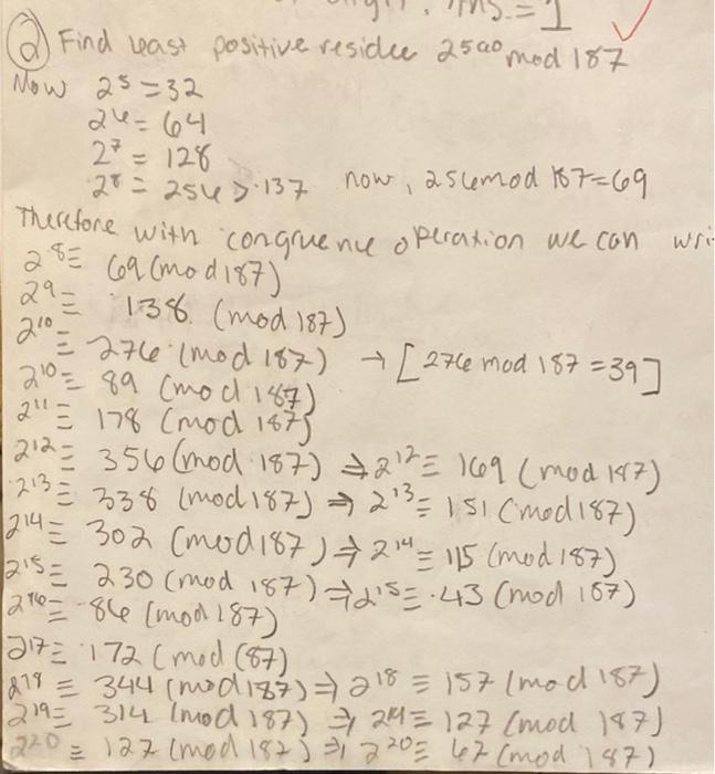 Solved 2. Find the least positive residue of 8800 mod 187 by | Chegg.com