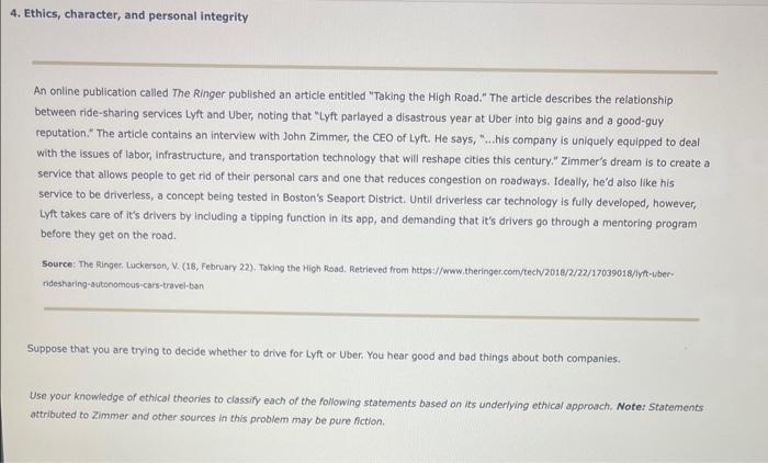 Solved 4. Ethics, character, and personal integrity An | Chegg.com