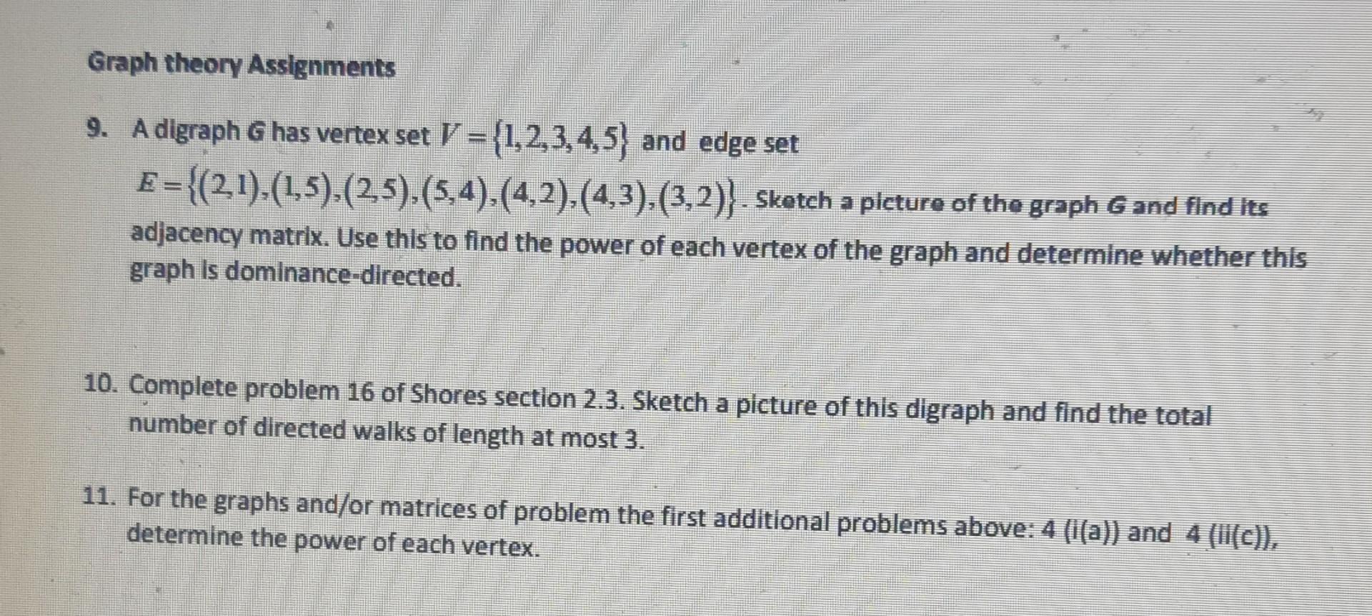 Solved Graph theory Assignments 9. A digraph G has vertex | Chegg.com