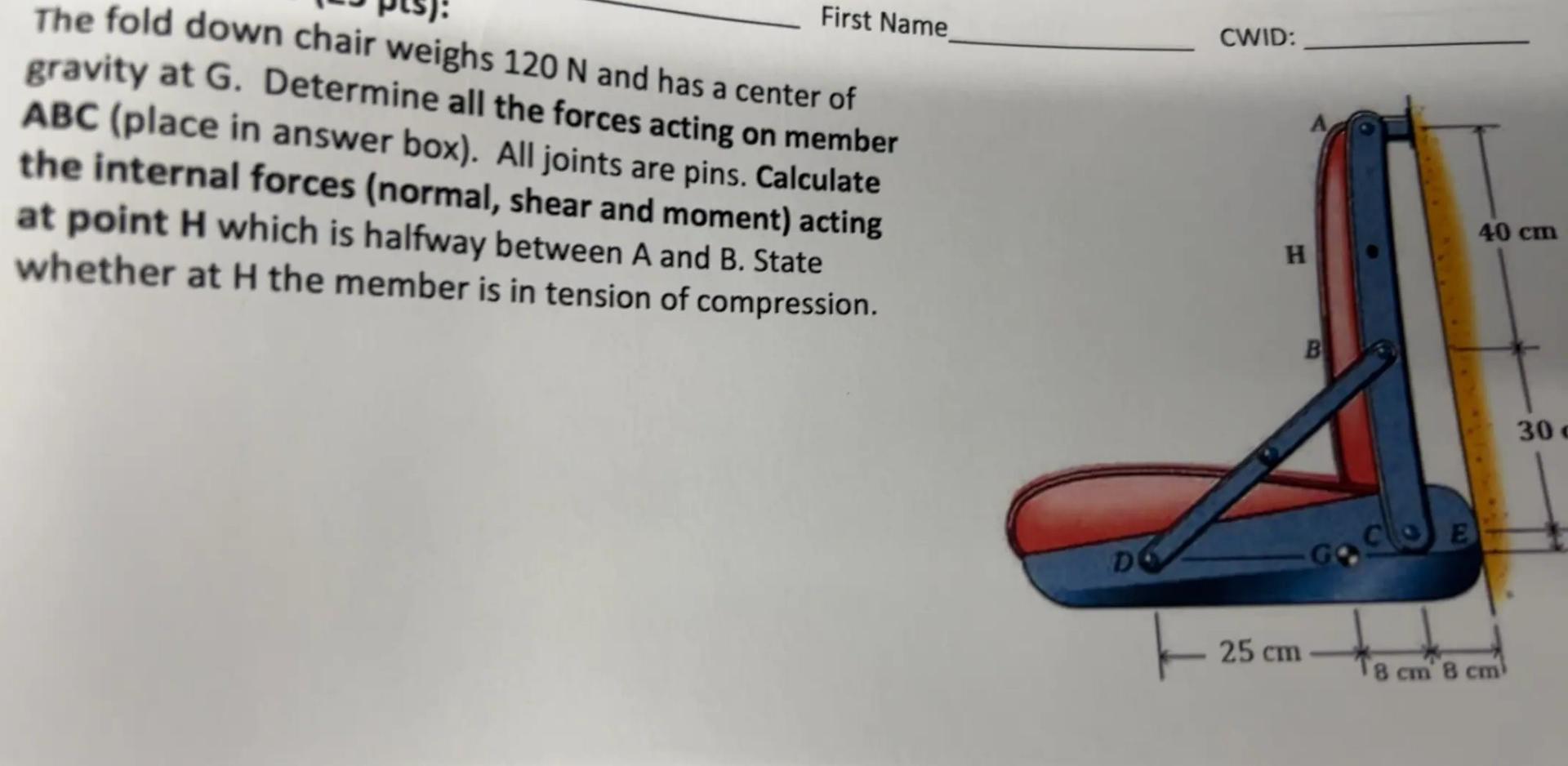 Solved pts): The fold down chair weighs 120 N and has a | Chegg.com