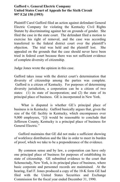 Gafford v. General Electric Company United States | Chegg.com