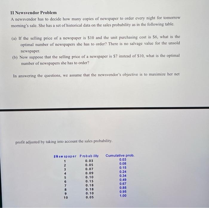 Solved II Newsvendor Problem A newsvendor has to decide how | Chegg.com