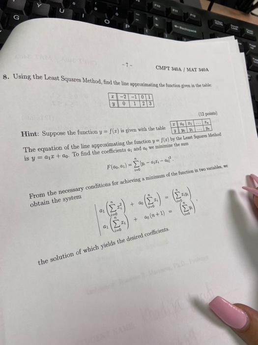 Solved CMPT 340A / MAT 3A 8. Using the Least Squares Method, | Chegg.com