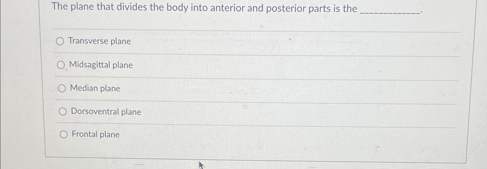 Solved The plane that divides the body into anterior and | Chegg.com