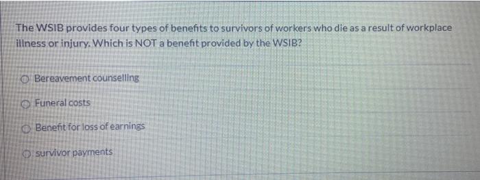 The WSIB provides four types of benefits to survivors | Chegg.com