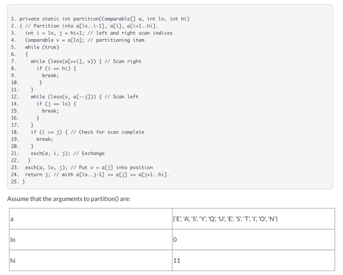 Solved 1. private static int partition Comparable[] a, int | Chegg.com