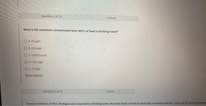 Solved What is the maximum contaminant level (MCL) of lead | Chegg.com
