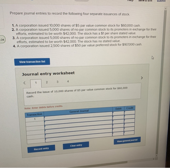 Solved Help Save & Exit Submit Prepare journal entries to | Chegg.com