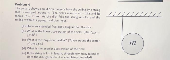 Solved Problem 4 The picture shows a solid disk hanging from | Chegg.com