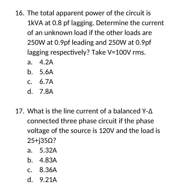 Solved 16. The total apparent power of the circuit is 1kVA | Chegg.com