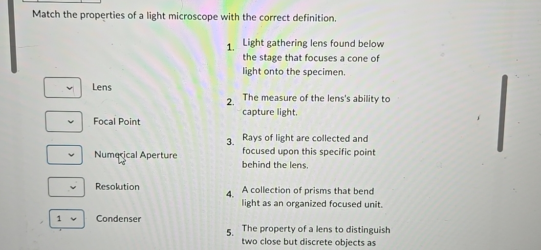 Solved Match the properties of a light microscope with the | Chegg.com