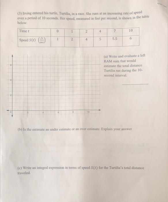 Solved (3) Irving entered his turtle, Turtilia, in a race. | Chegg.com