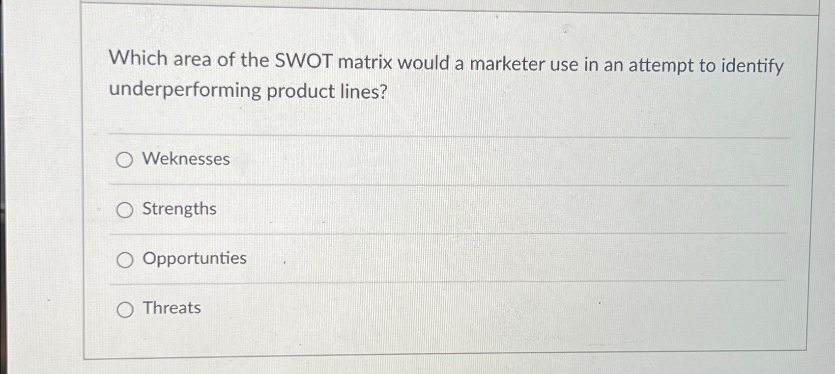 Solved Which area of the SWOT matrix would a marketer use in | Chegg.com