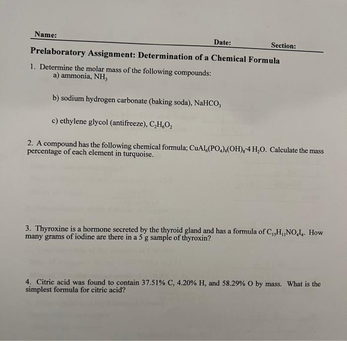 Solved Name: Date: Prelaboratory Assignment: Determination | Chegg.com