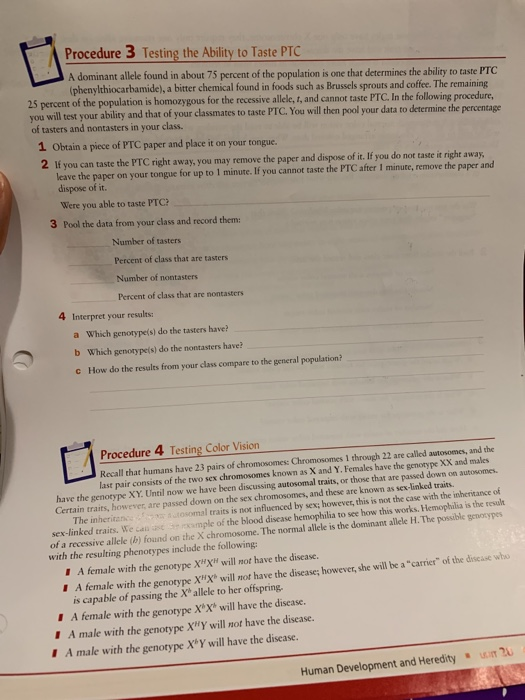 Solved Procedure 3 Testing the Ability to Taste PTC A | Chegg.com