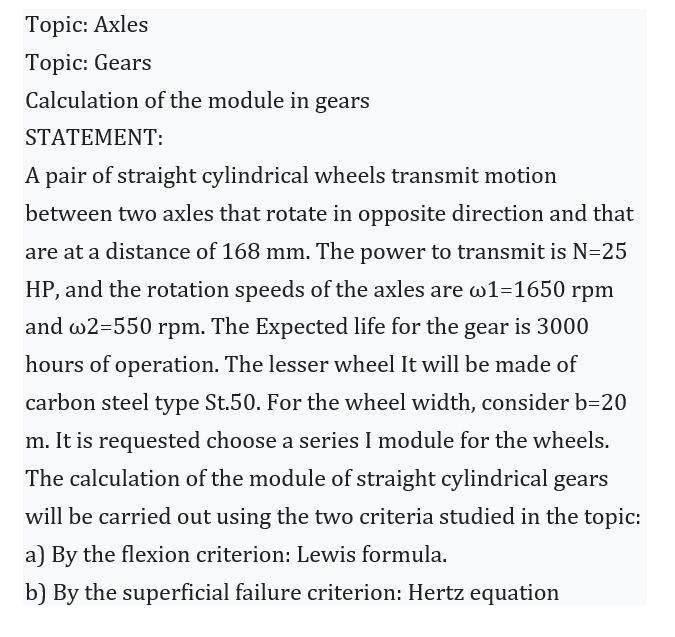 Solved Topic: Axles Topic: Gears Calculation of the module | Chegg.com