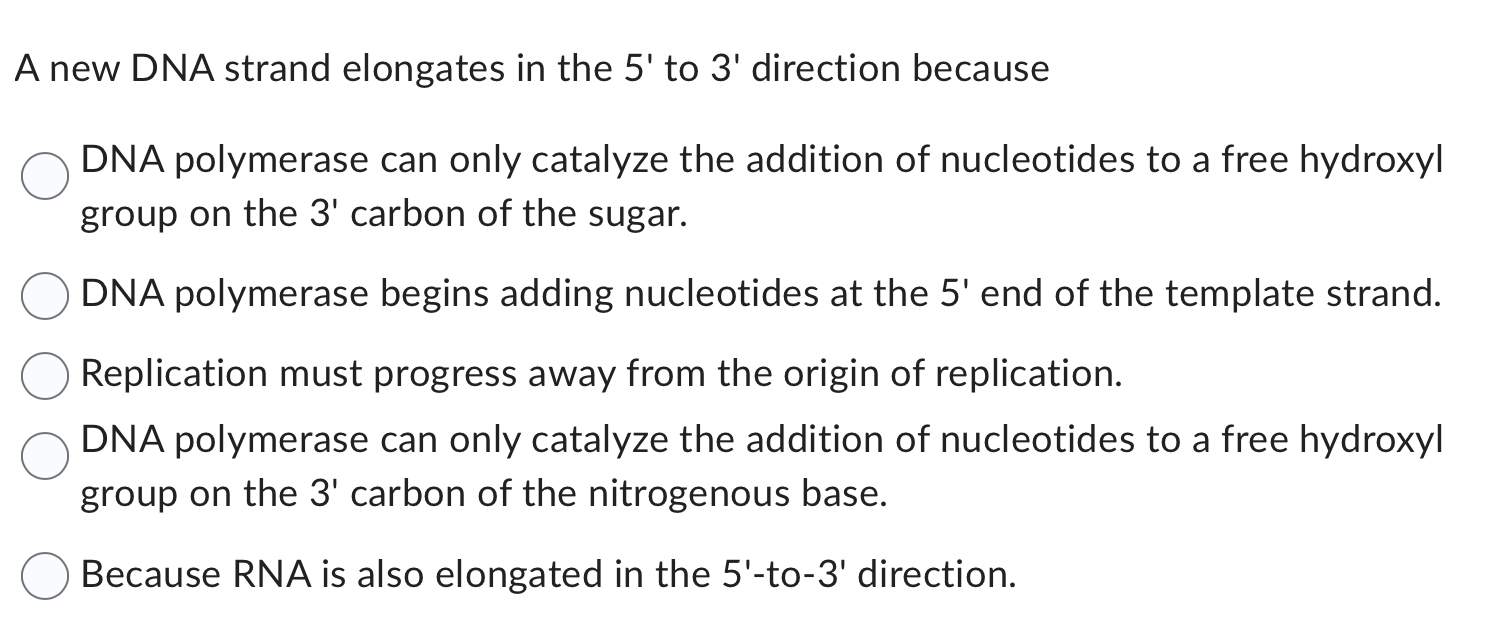 Solved A new DNA strand elongates in the 5' ﻿to 3' | Chegg.com