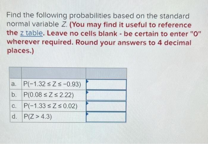 Solved Find the following probabilities based on the | Chegg.com