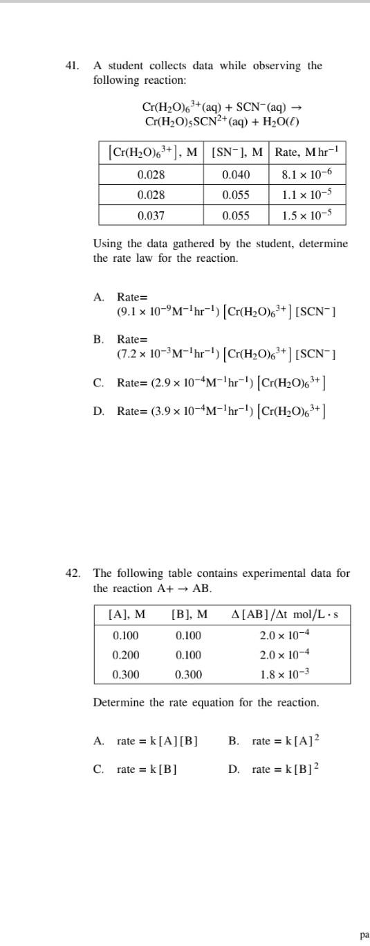 Solved 41. A student collects data while observing the | Chegg.com
