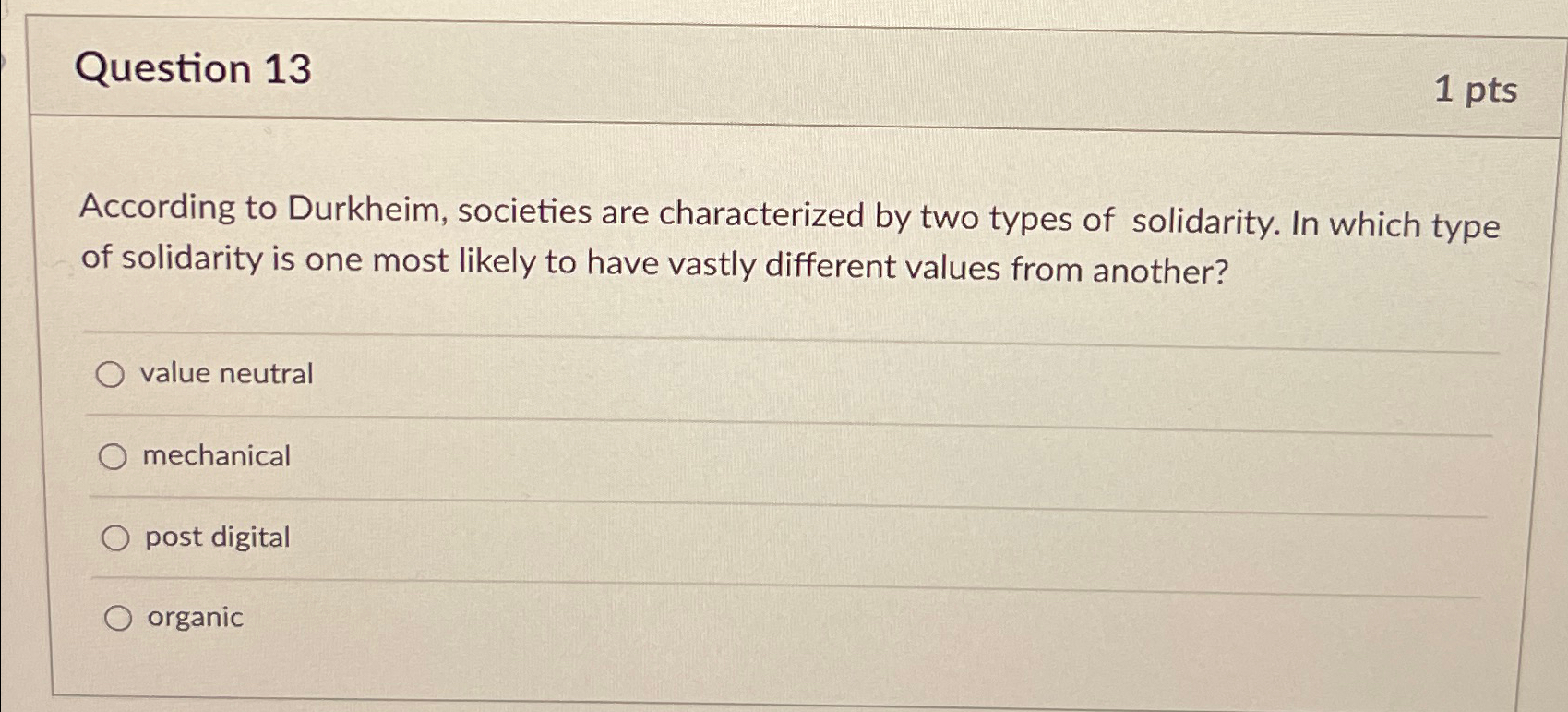 Solved Question 131 ﻿ptsAccording to Durkheim, societies are | Chegg.com