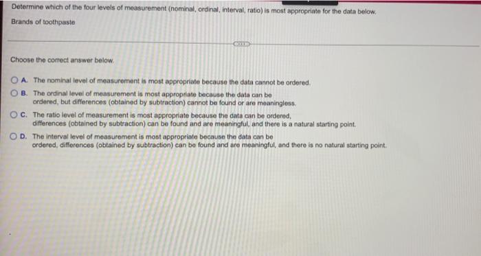 Solved Determine which of the four levels of measurement | Chegg.com