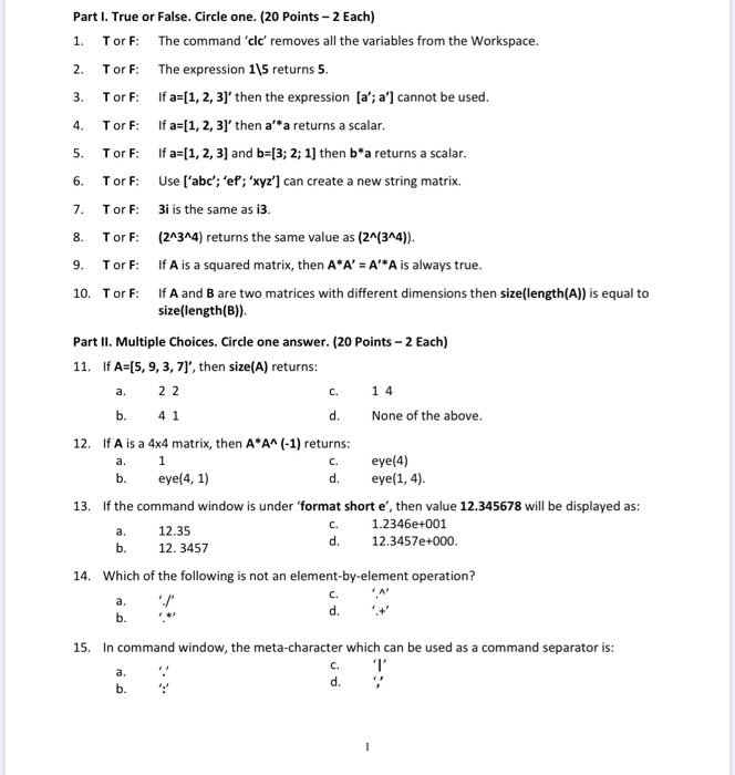 Solved Part I. True or False. Circle one. (20 points - 2 | Chegg.com