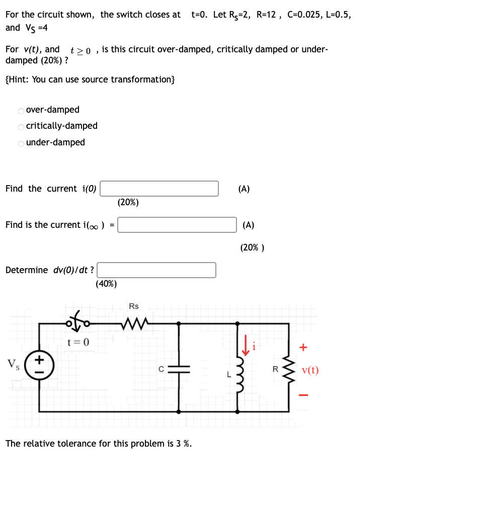 Solved For the circuit shown, the switch closes at t=0. ﻿Let | Chegg.com